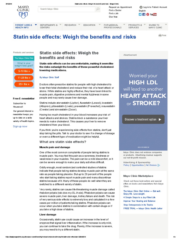 Statin Side Effects - Weigh The Benefits and Risks - Mayo Clinic | PDF ...