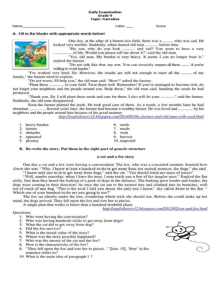 Narrative Text Exercise 1 Reading Comprehension Exercises 104091 | PDF