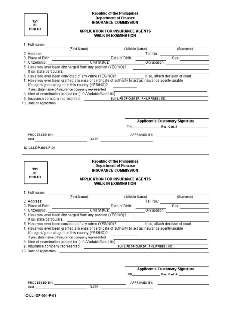 Application For Insurance Agents Walk-In Examination Form | PDF ...