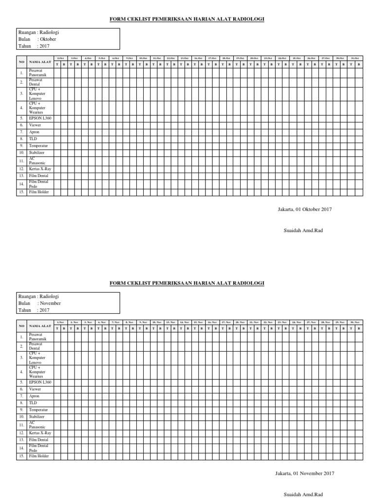 Daily Equipment Checklist and Maintenance Log for the Radiology ...