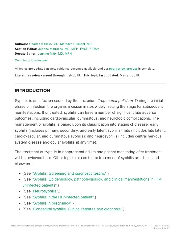 Syphilis - Treatment and Monitoring - UpToDate | PDF | Infection | Allergy