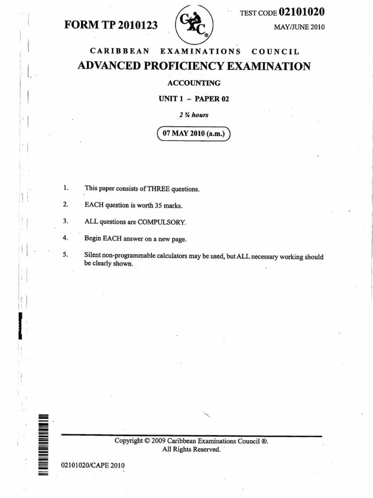 CAPE Accounting 2010 U1 P2 | PDF | Expense | Debits And Credits