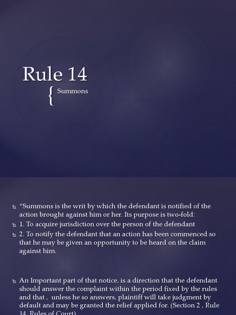 Rule 14 | PDF | Summons | Complaint