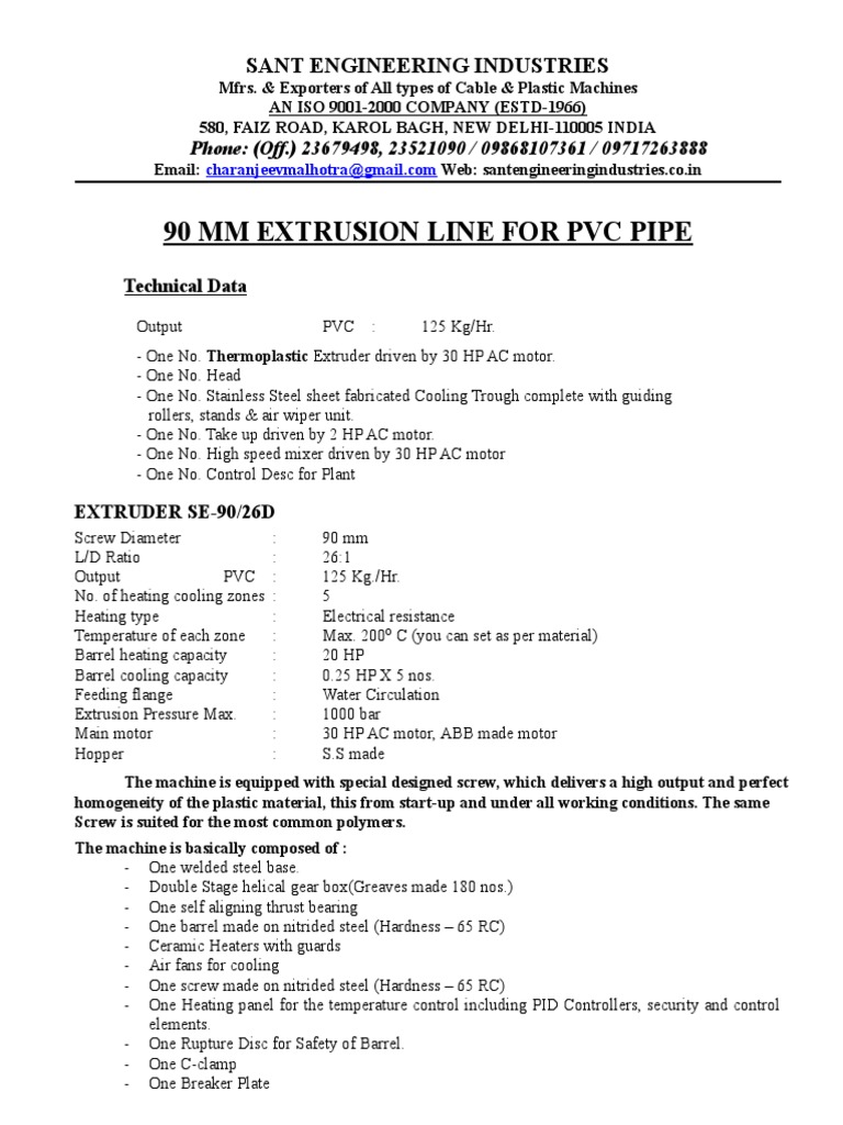 90 MM Extrusion Line For PVC Pipe: Sant Engineering Industries | PDF