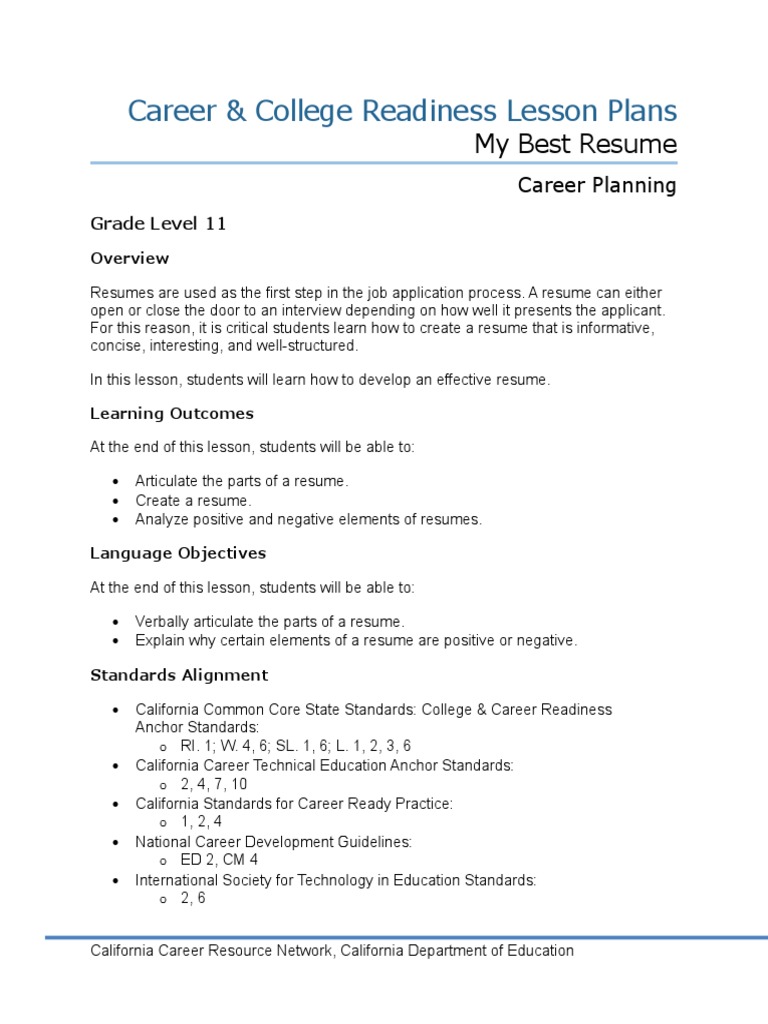 Career & College Readiness Lesson Plans: My Best Resume | PDF | Résumé ...