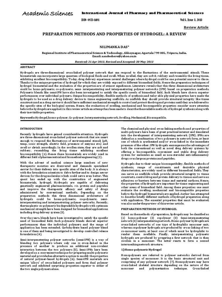 Preparation Methods and Properties of Hydrogel | PDF | Gel | Tissue ...