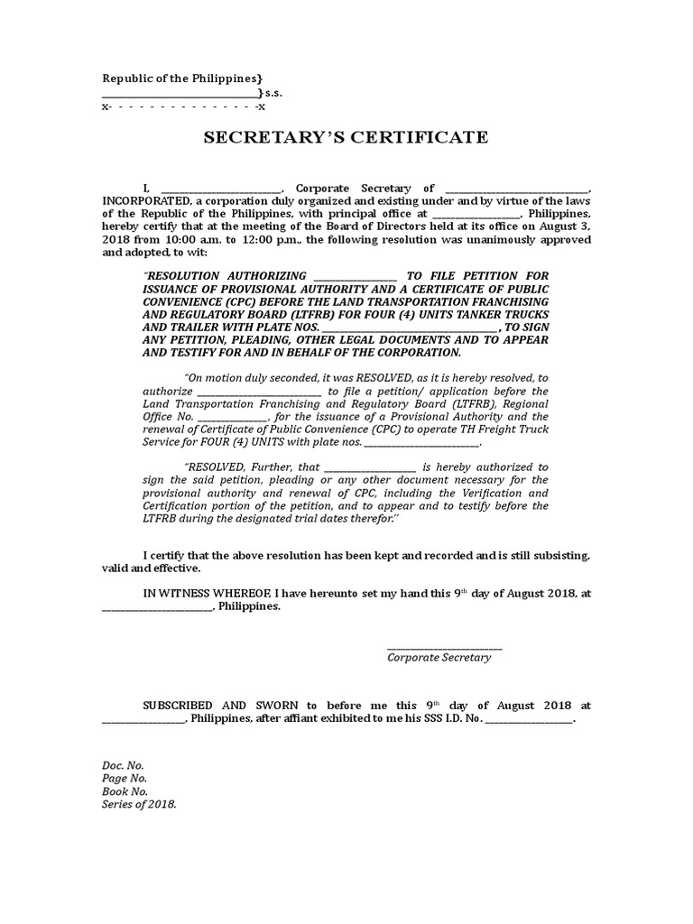 Secretary's Certificate for LTFRB CPC | PDF | Social Institutions ...