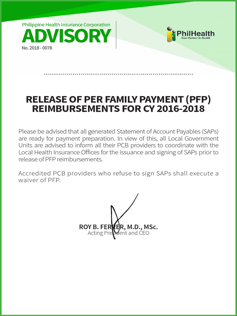 Release of Per Family Payment (PFP) Reimbursements For Cy 2016-2018 ...