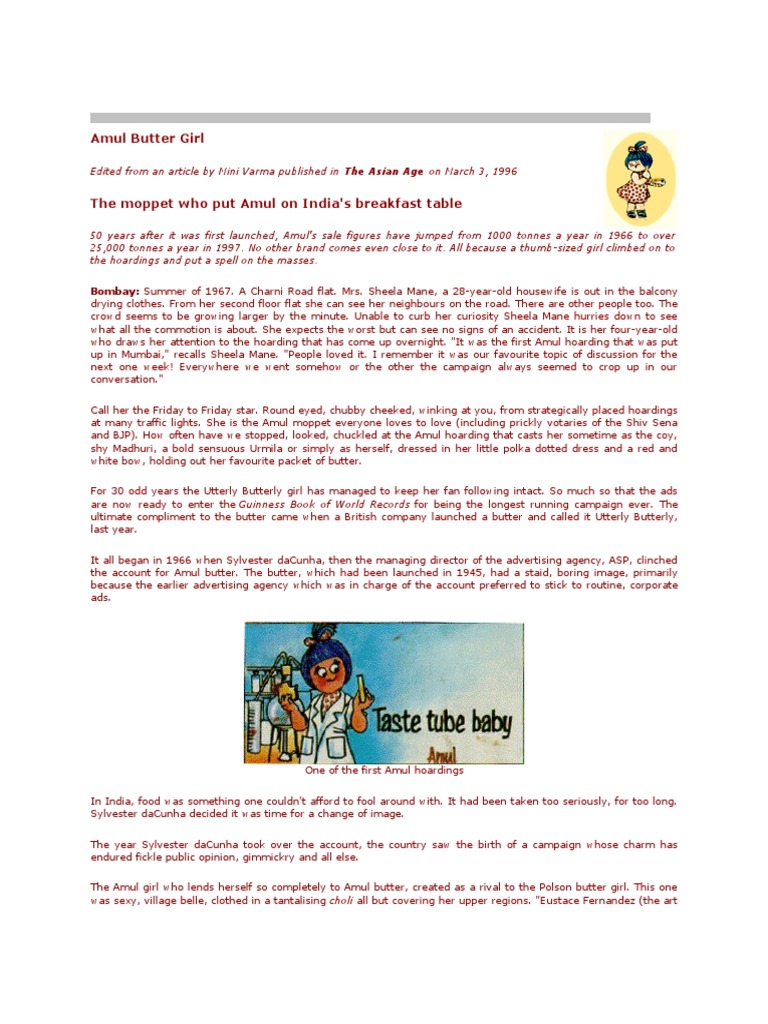 Amul Butter Girl: Iconic Advertising Legacy | PDF | Economy Of India ...
