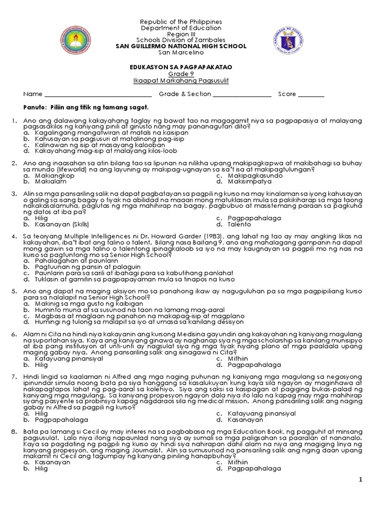 2 ESP 9 Exam - Fourth Grading | PDF