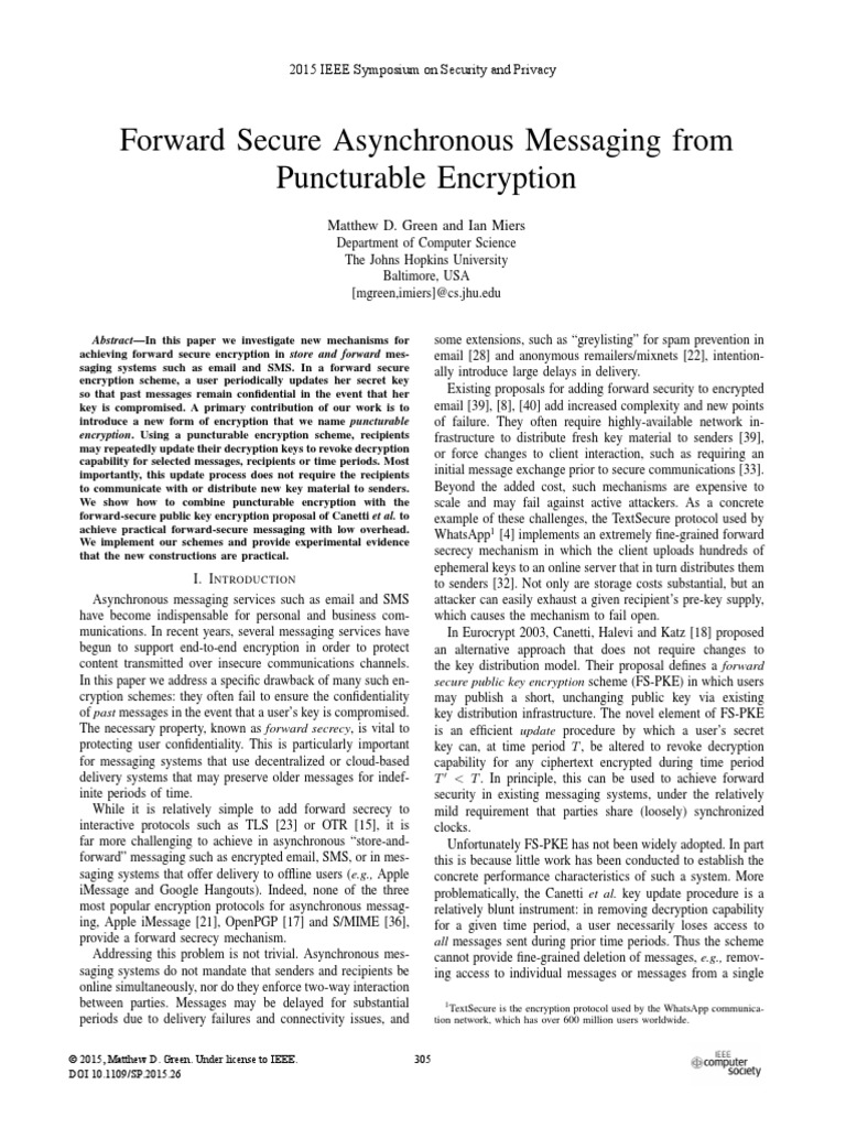 Forward Secure Asynchronous Messaging From Puncturable Encryption | PDF | Cryptography | Public ...