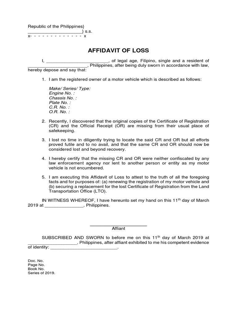 Affidavit of Loss of or & Cr