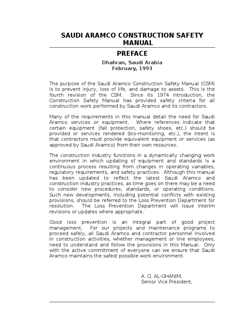 February 1993 Saudi Aramco Construction Safety Manual: Establishing ...