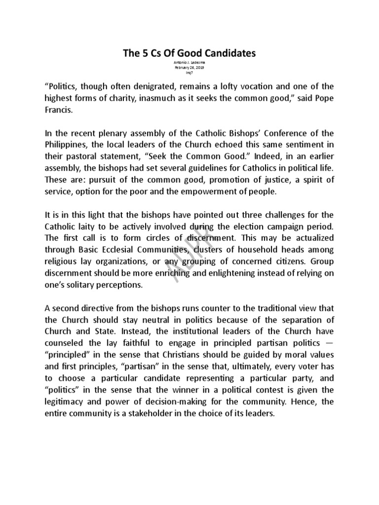 5 Cs of Candidates | PDF | Laity | Catholic Church