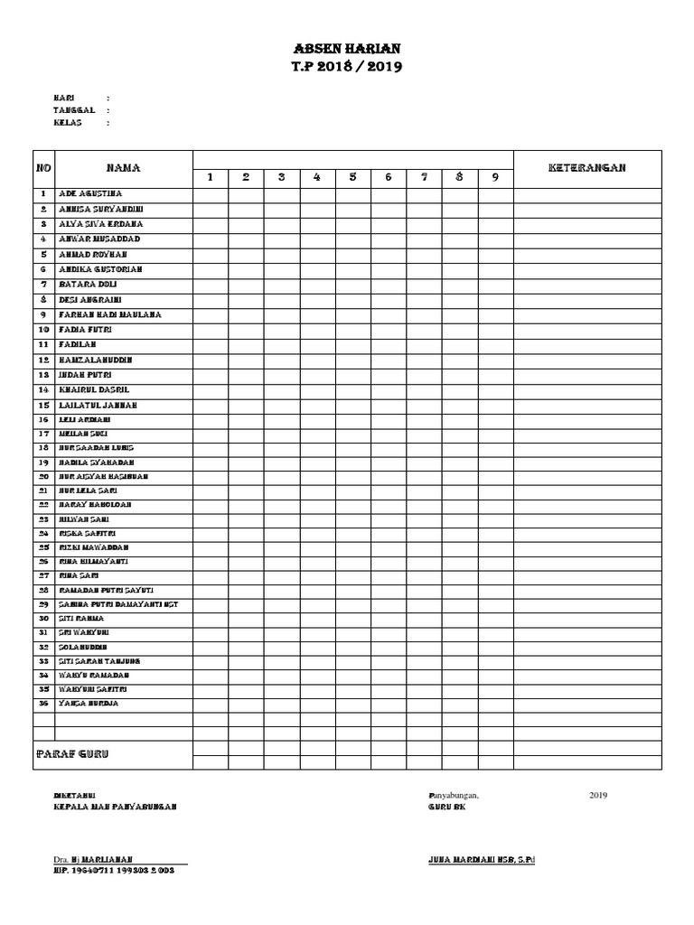 Absen Harian T.P 2018 / 2019: No Nama Keterangan 1 2 3 4 5 6 7 8 9 | PDF