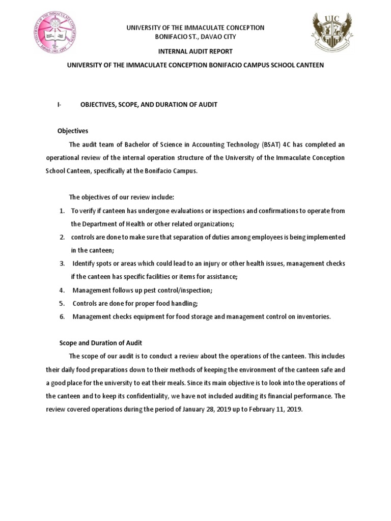 Internal Audit Report University of The Immaculate Conception Bonifacio ...