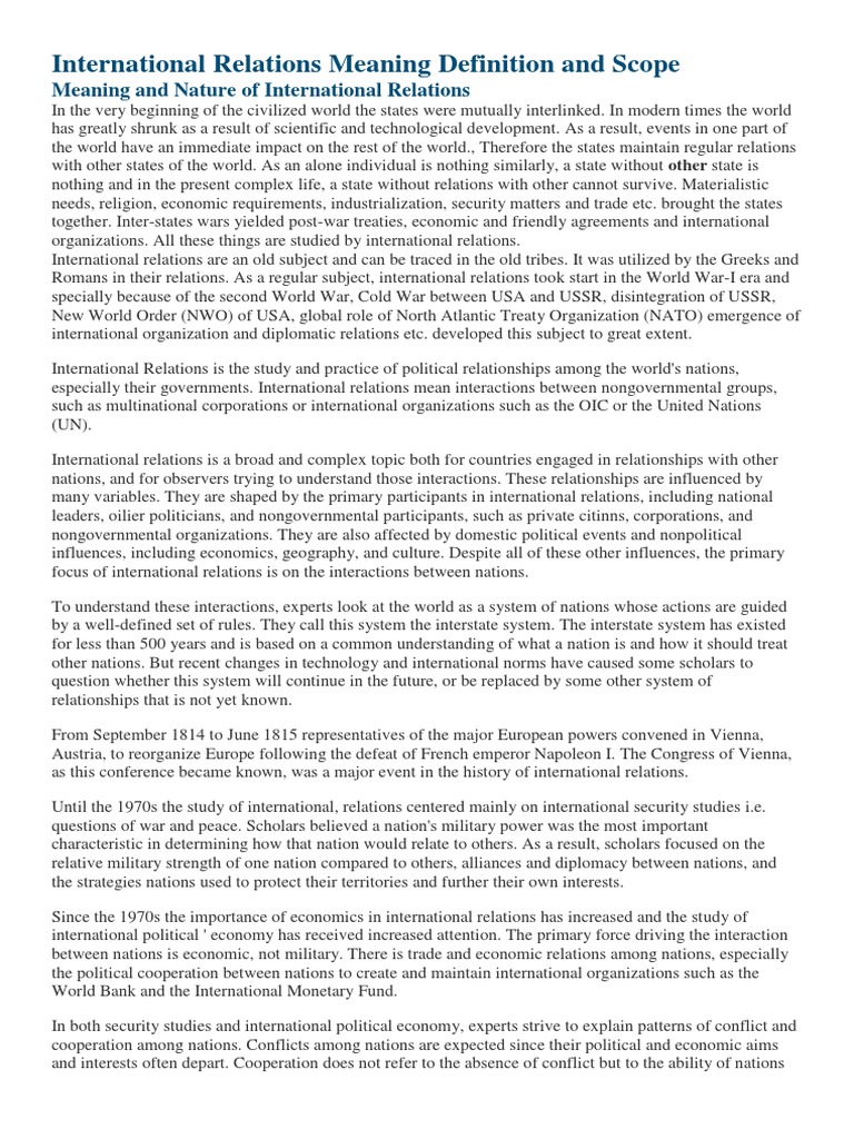 International Relations Meaning Definition and Scope | PDF | Sovereign ...