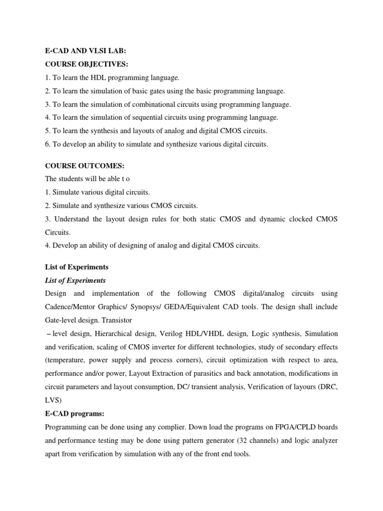 Ecad and VLSI Lab Front Pages | PDF | Cmos | Hardware Description Language