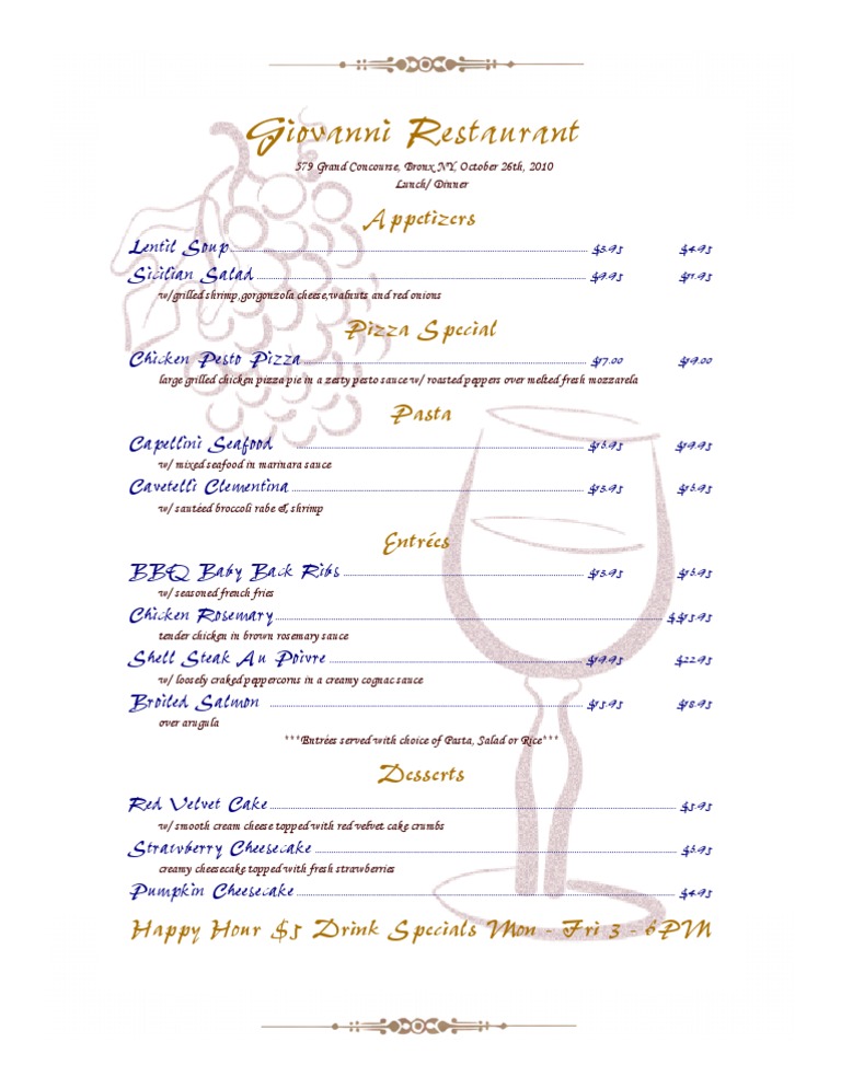 Giovanni Restaurant Menu and Specials | PDF
