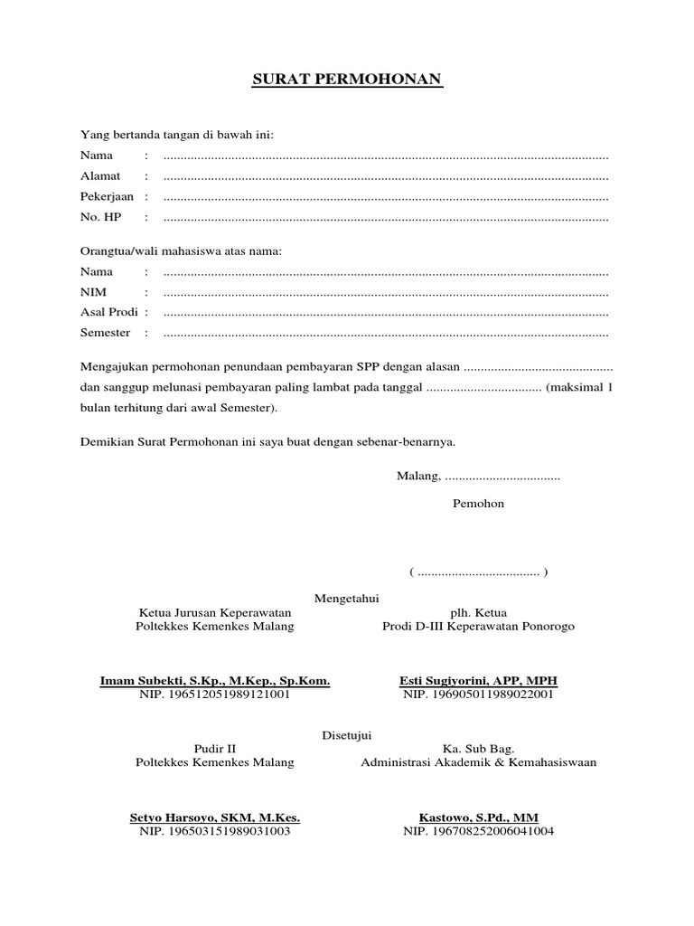Surat Permohonan Tunda Bayar Prodi D-III Kep. Ponorogo | PDF