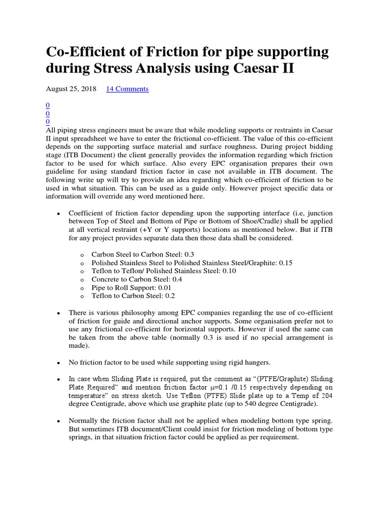 Co-Efficient of Friction For Pipe Supporting During Stress Analysis Using Caesar II | PDF ...