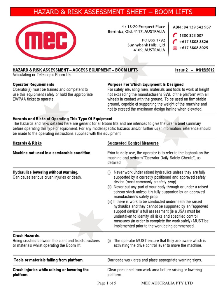 Hazard & Risk Assessment Sheet - Boom Lifts: Page 1 of 5 Mec Australia ...