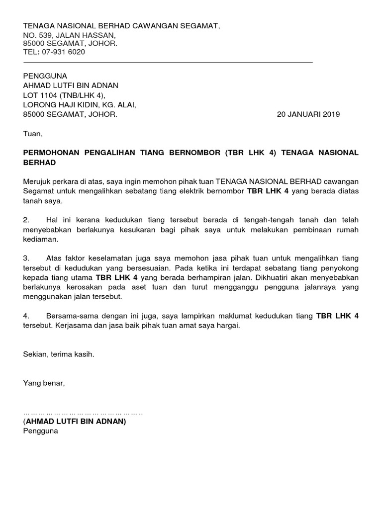 Surat Alih Tiang Elektrik TNB 2019 | PDF