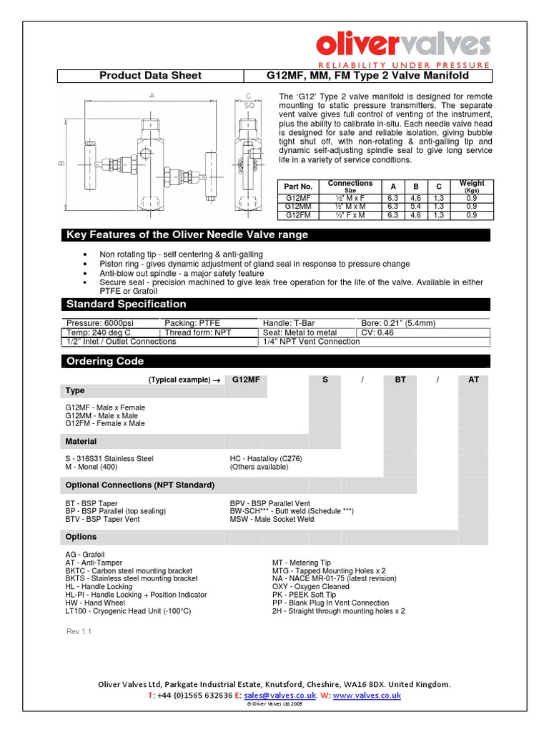 Product Data Sheet G12MF, MM, FM Type 2 Valve Manifold: Key Features of The Oliver Needle Valve ...
