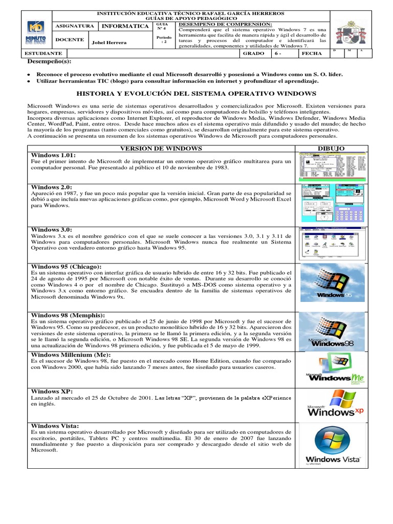 taller No 3 Historia y evolución del SO Windows Informatica P2 grado 6_2016.pdf | PDF ...