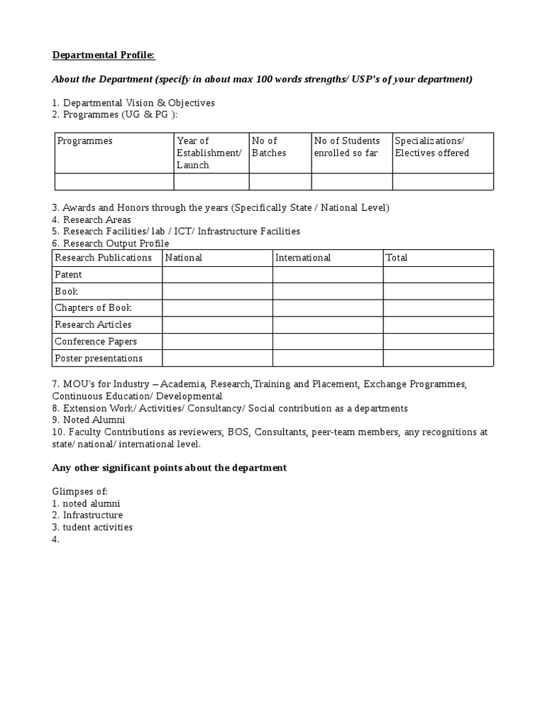 Departmental Profile Template of College | PDF