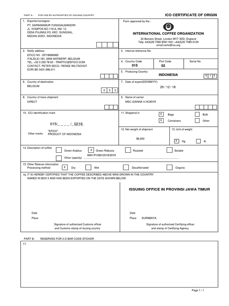 International Coffee Organization: Ico Certificate of Origin | PDF ...