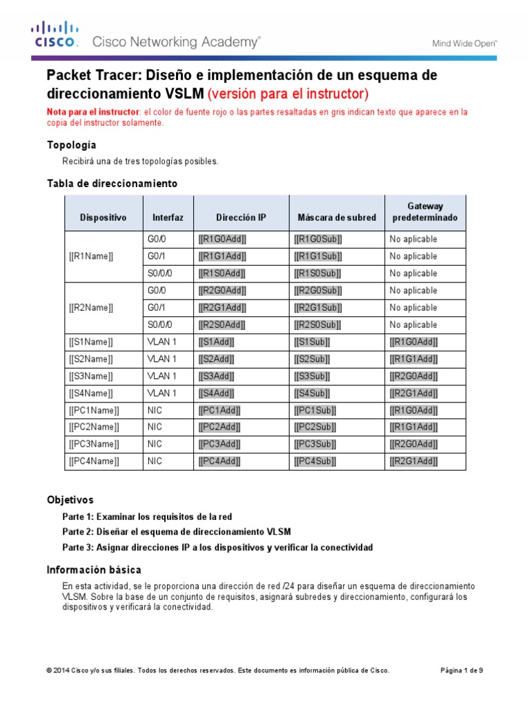 9.2.1.5 Packet Tracer - Designing and Implementing A VLSM Addressing Scheme Instruct IG PDF ...