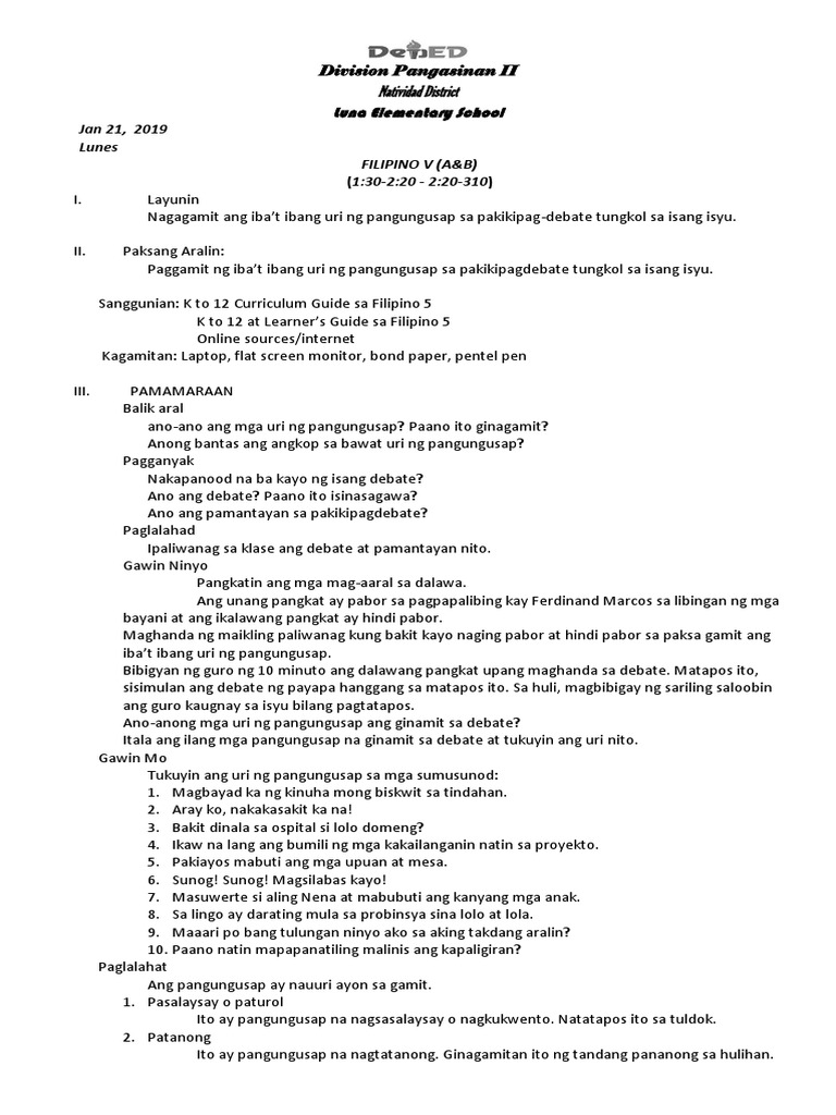 5 Jan 21 19 Lesson Plan Filipino 5 Jan 24, 2018 | PDF
