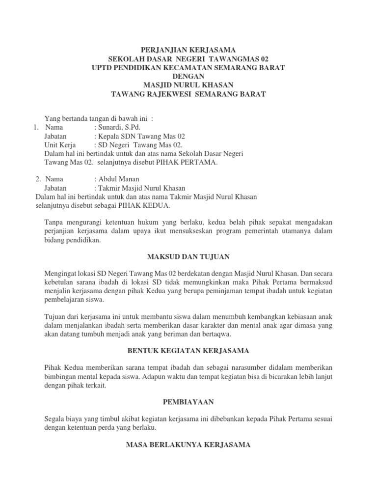 PERJANJIAN KERJASAMA Takmir Masjid | PDF