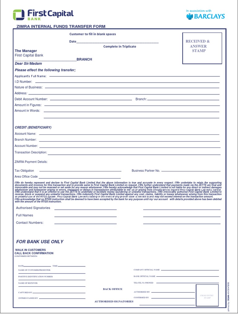 ZIMRA - Internal Funds Transfer Form | PDF | Debits And Credits | Payments