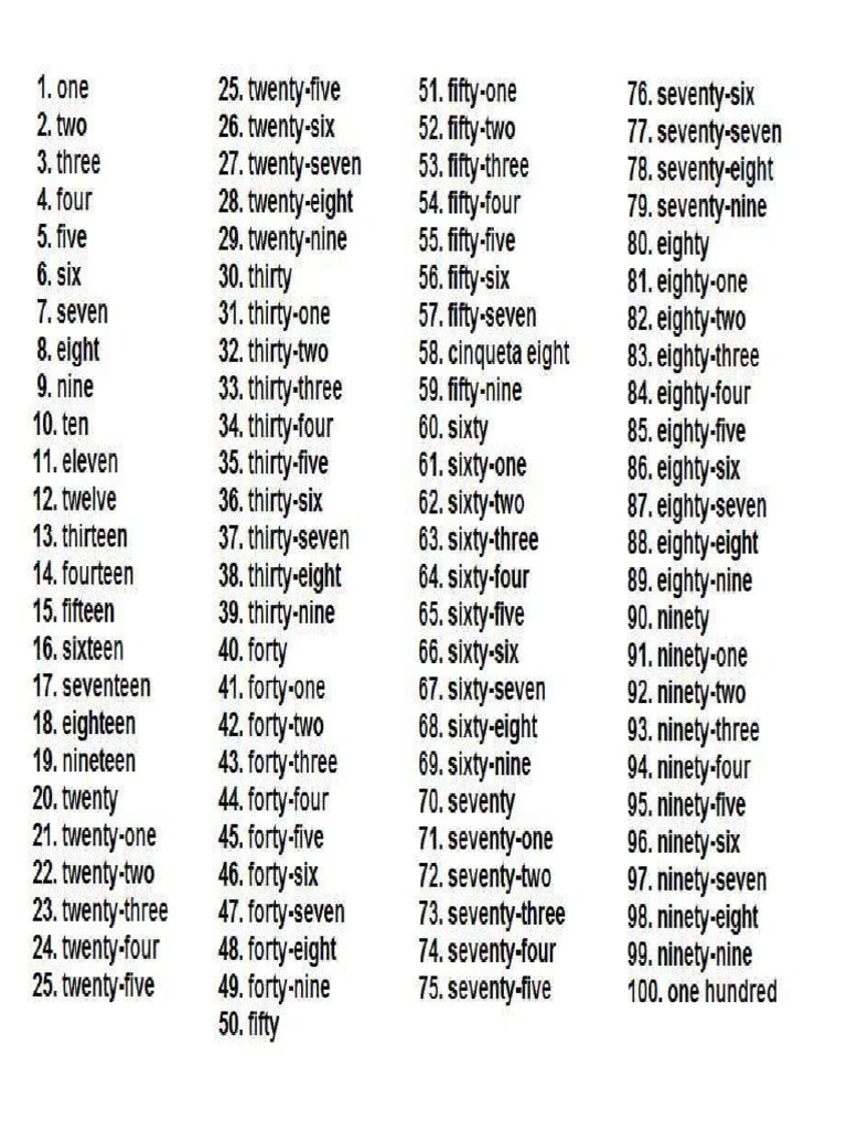 Los Numeros en Ingles Del 1 Al 100 | PDF