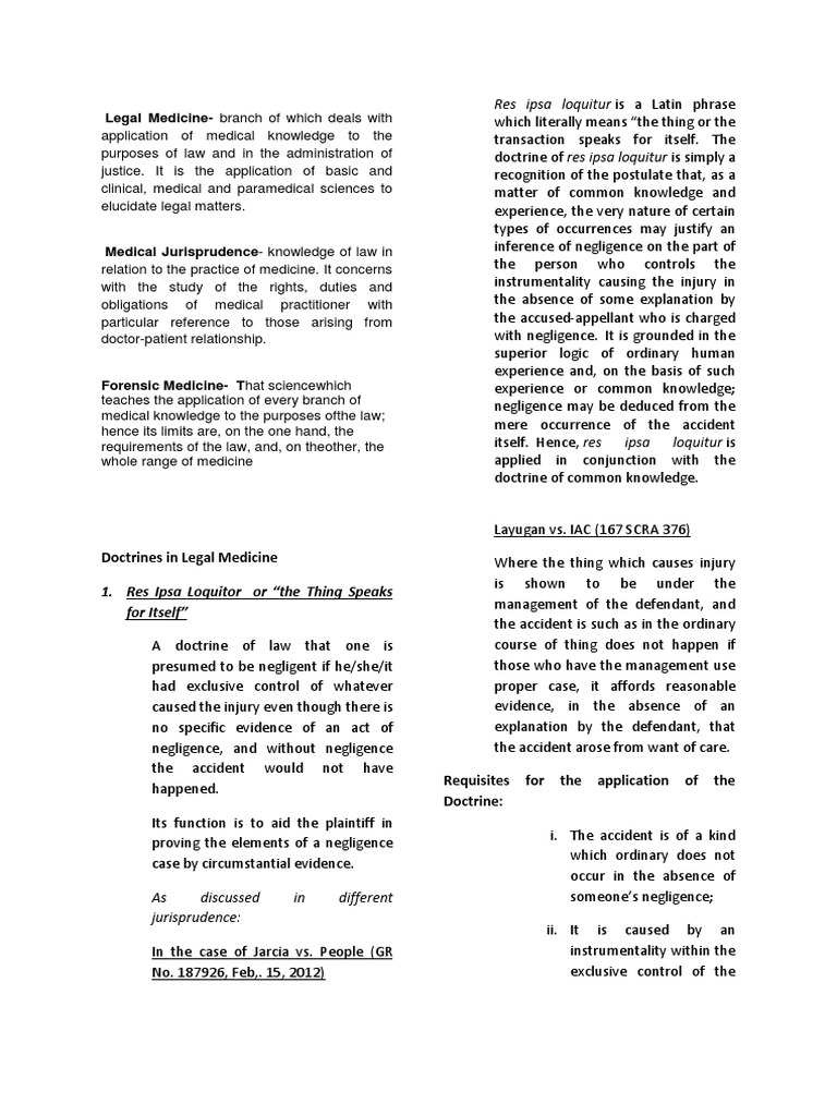 Doctrines in Legal Medicine 1 | PDF | Negligence | Private Law
