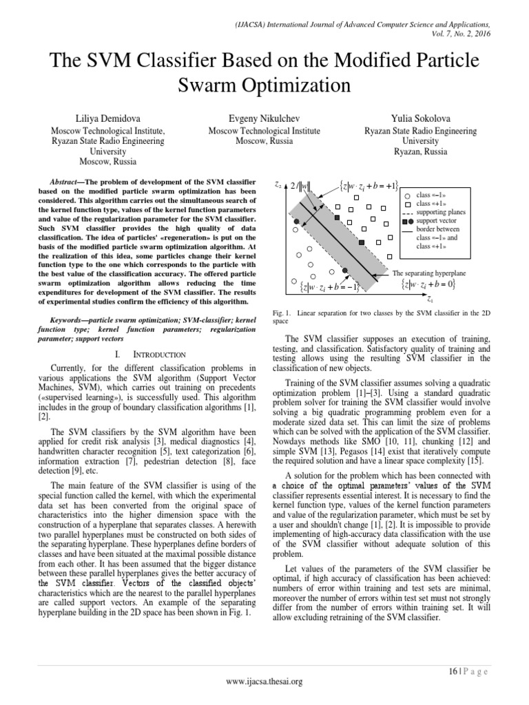 SVM Classifier Optimization Using Modified Particle Swarm Algorithm | PDF | Support Vector ...