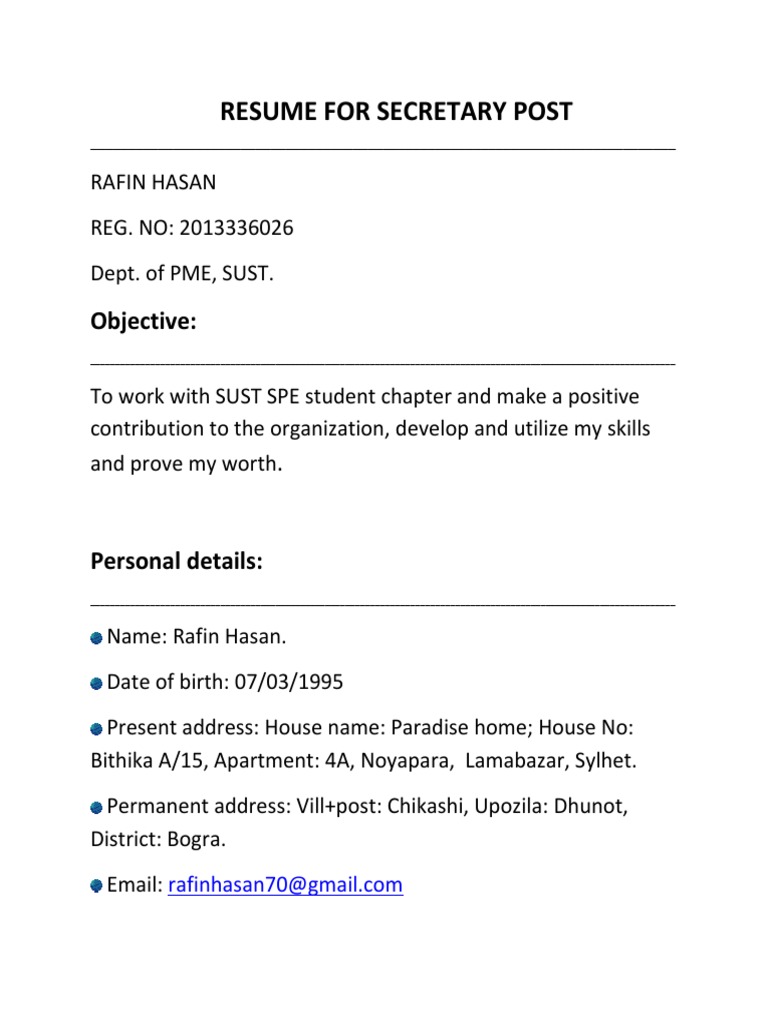 Resume For Secretary Post | PDF