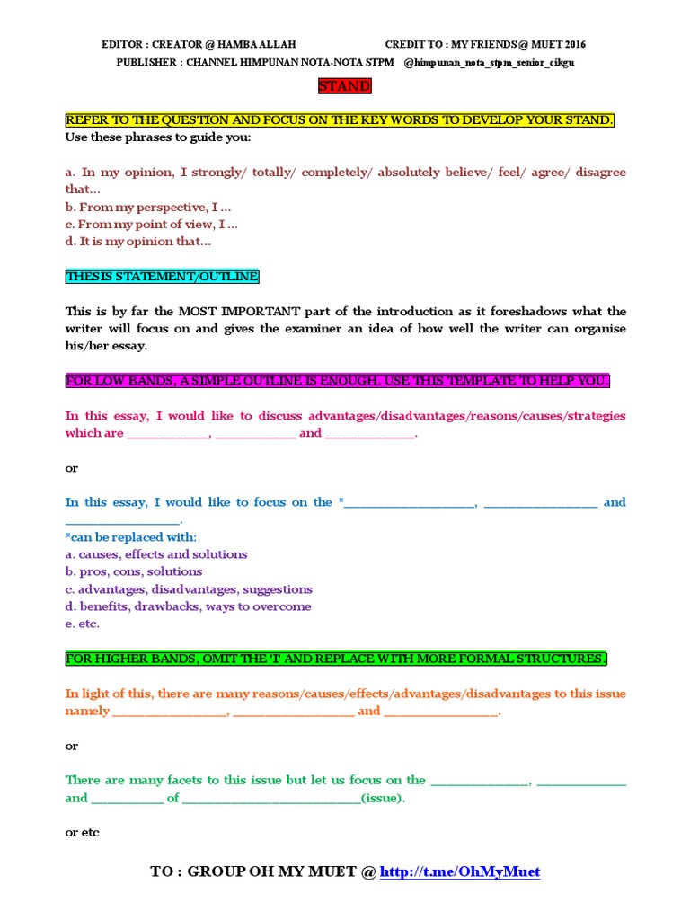 MUET Essay Structure and Guidelines | PDF