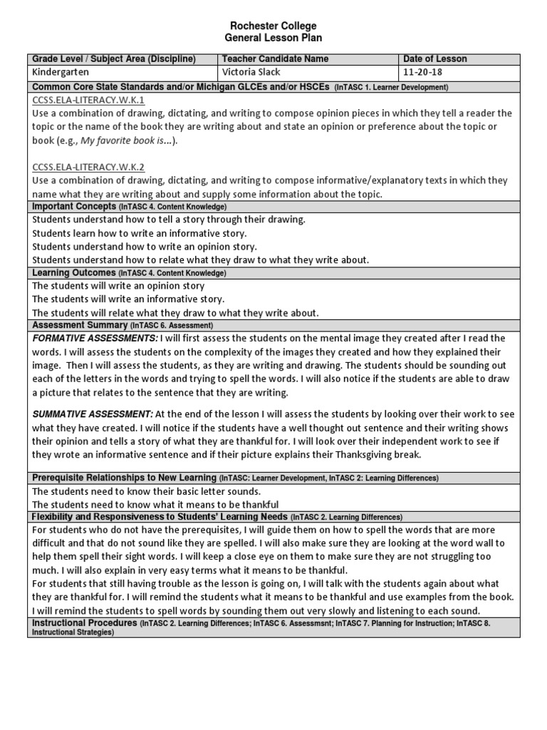 Ccss - Ela-Literacy.W.K.1: Rochester College General Lesson Plan | PDF ...