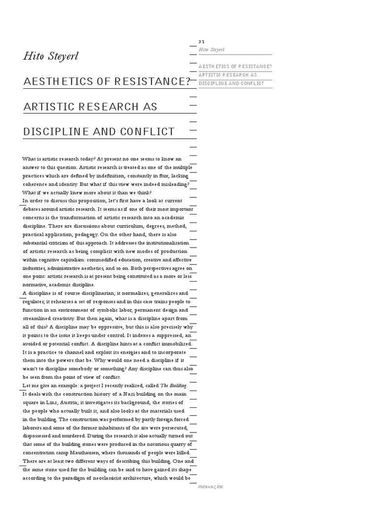 Aesthetics of Resistance: Artistic Research As Discipline and Conflict ...