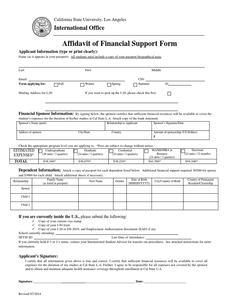 Affidavit of Financial Support Form | PDF | United States Postal ...