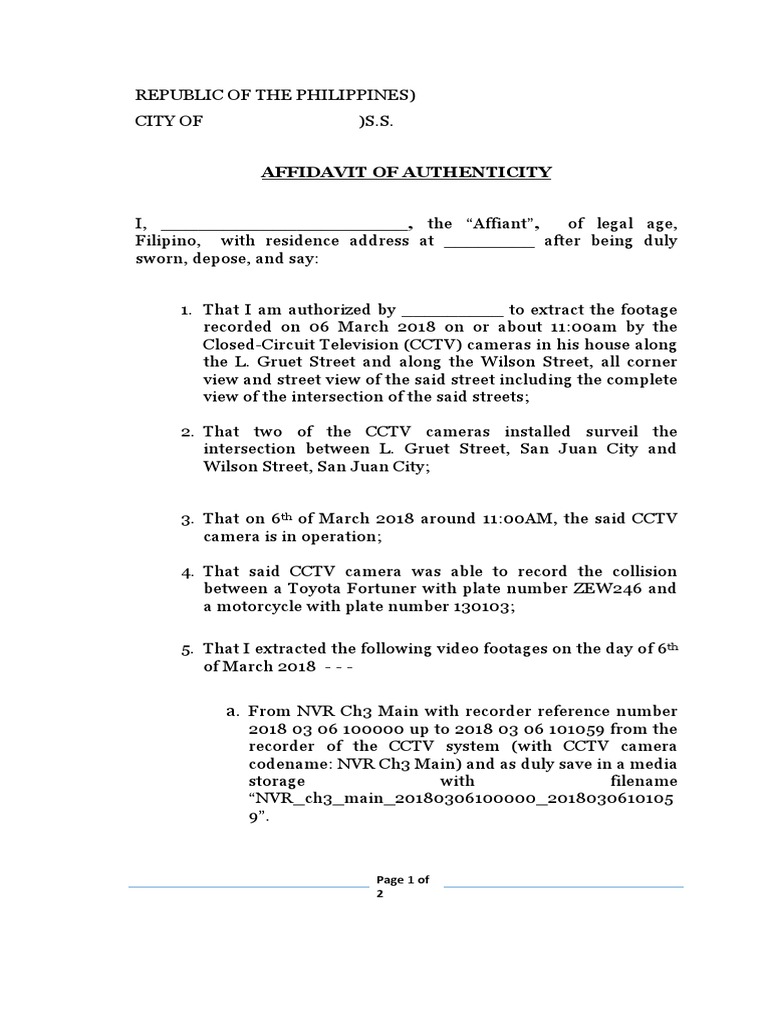 Affidavit of Authenticity of the CCTV Video Footages 06March2018.docx | Closed Circuit ...