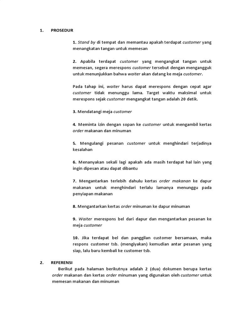 Contoh Prosedur Instruksi SOP Waiter Restoran | PDF