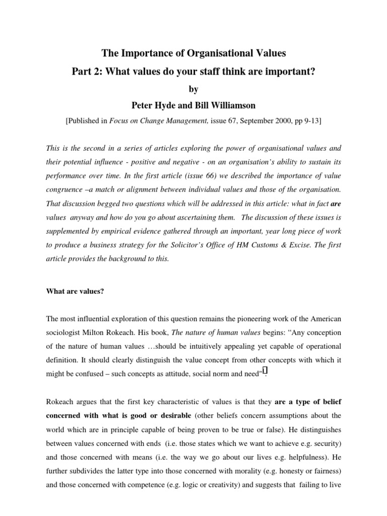 Understanding Organizational Values: A Study of Employee Values at HM ...