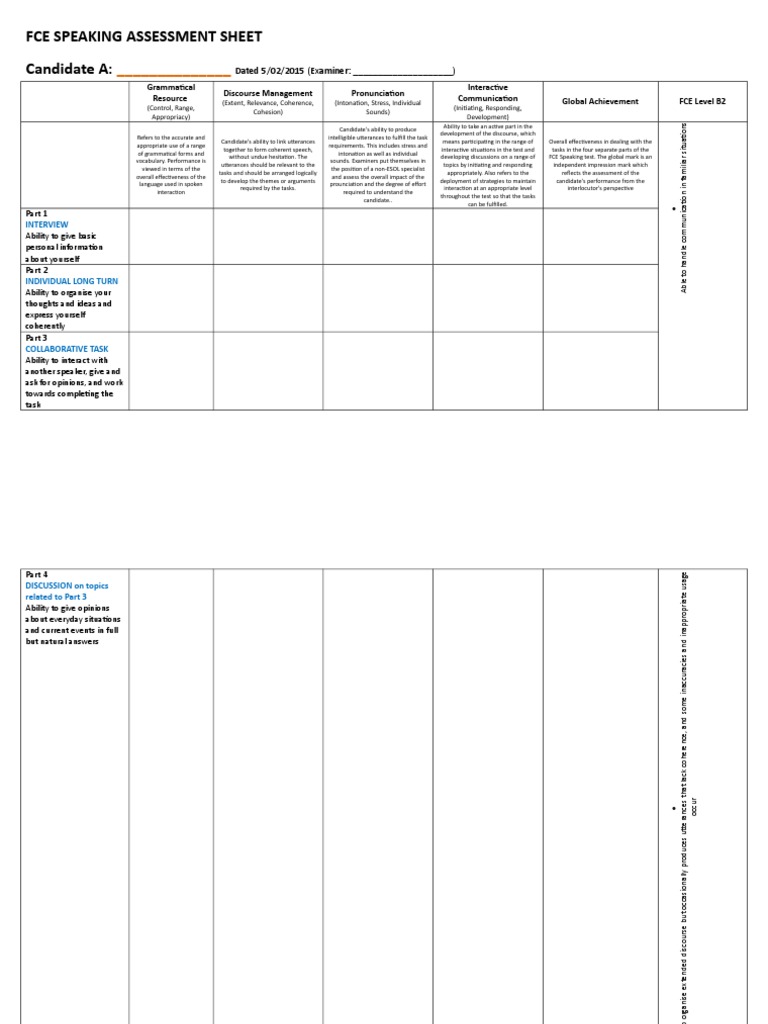 FCE Speaking Exam Assessment Sheet | Download Free PDF | Epistemology ...
