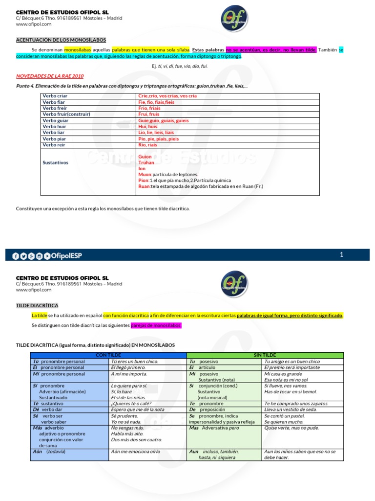 Acentuación y Tilde Diacrítica en Monosílabos | PDF | Unidades ...