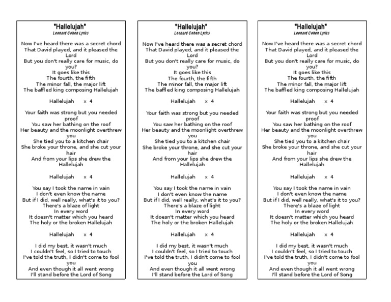 "Hallelujah" "Hallelujah" "Hallelujah": Leonard Cohen Lyrics Leonard ...