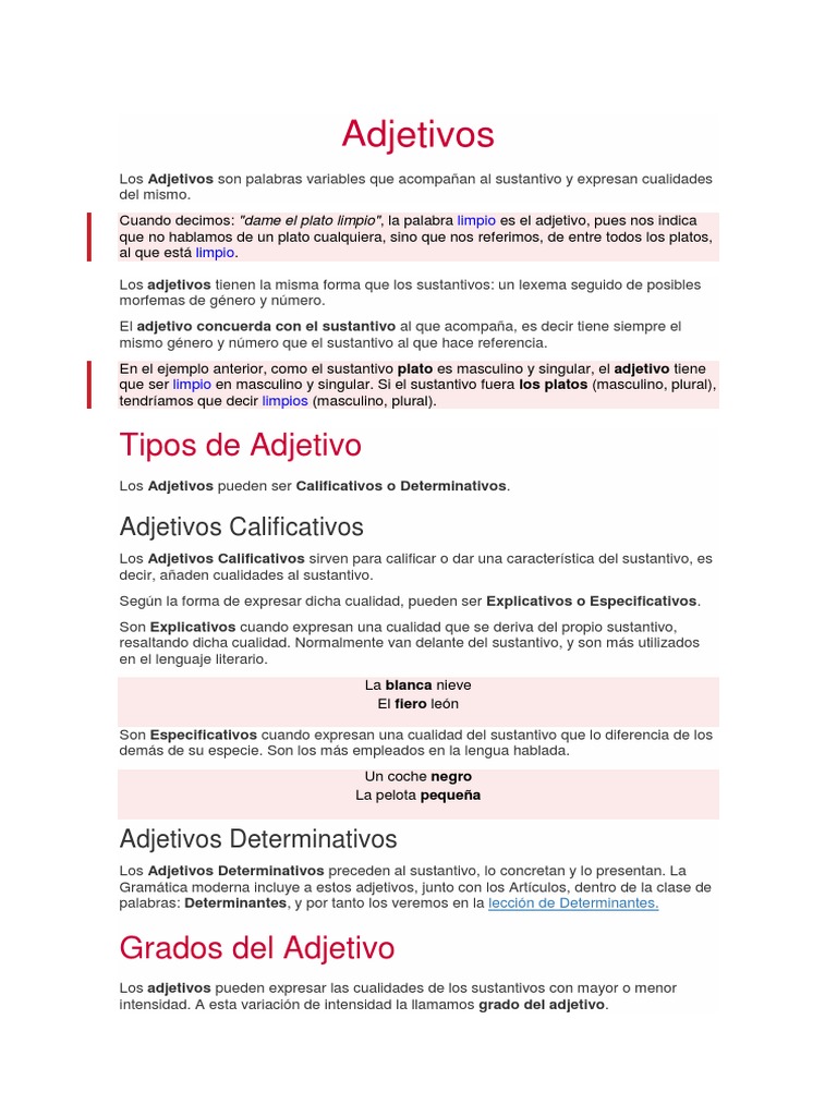 Tipos de Adjetivos | Adjetivo | Sustantivo